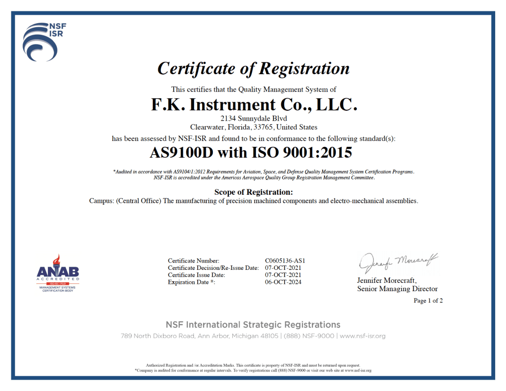 FKI receives AS9100D with ISO 9001:2015 Certification - FK Instrument Co. Inc.